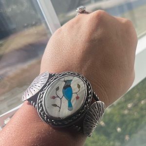 Jewelry | Vintage Native Cuff Turquoise And Mother Of Pearl Bird Detail ...